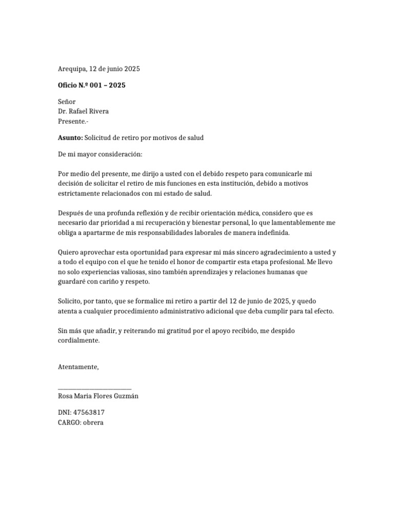 Oficio Retiro Salud | PDF