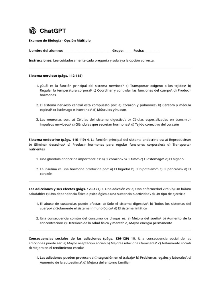 Examen Biologia Opcion Multiple | PDF | Sistema endocrino | Sistema ...