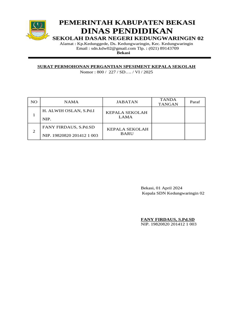 Surat Permohonan Pergantian Kepala Sekolah_contoh Ttd Kepsek | PDF