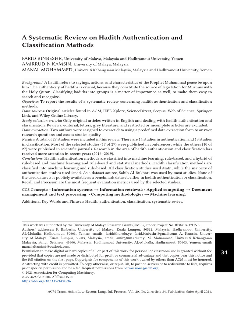 Binbeshr - 2021 - A Systematic Review On Hadith Authentication and Classification Methods | PDF ...