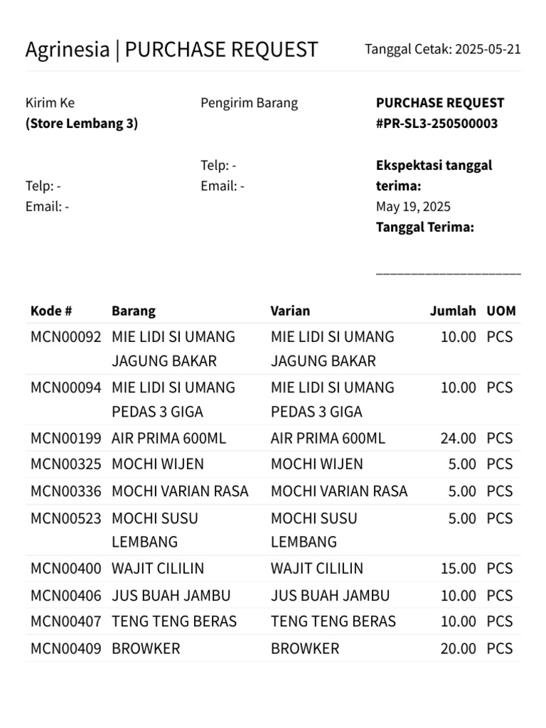 Purchase Request - PR-SL3-250500003 | PDF