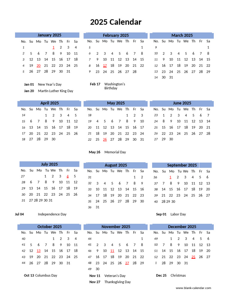 Yearly 2025 Calendar Holidays Blank Portrait | PDF