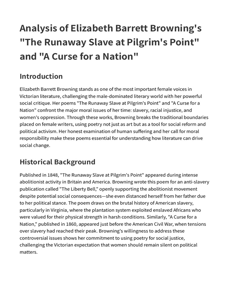 Analysis of Elizabeth Barrett Browning's "The Runaway Slave at Pilgrim ...
