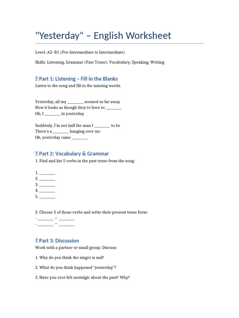 Yesterday English Worksheet | PDF