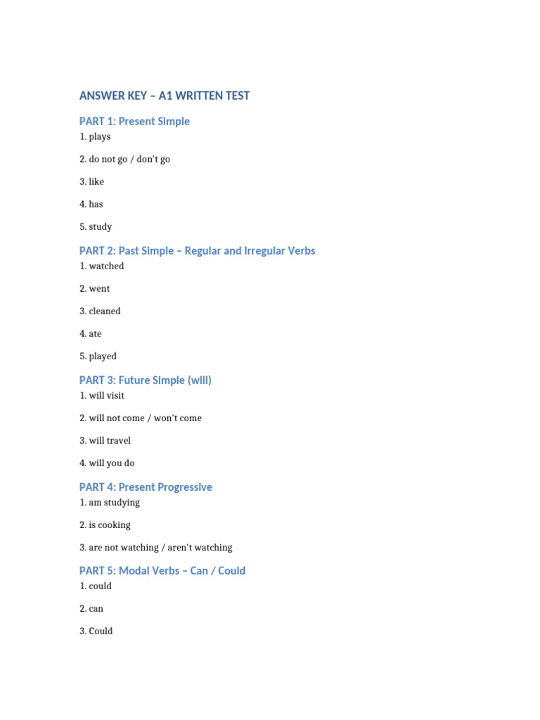 A1 English Written Test Answer Key | PDF