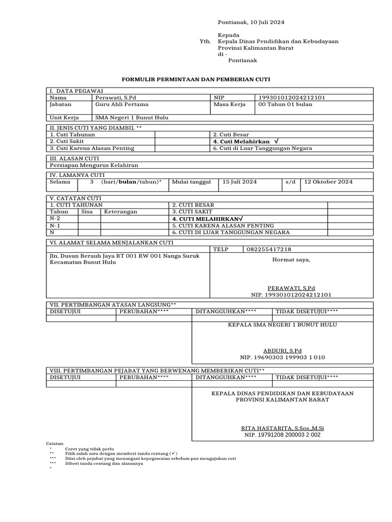 Permohonan Cuti Melahirkan Bu Perawati | PDF