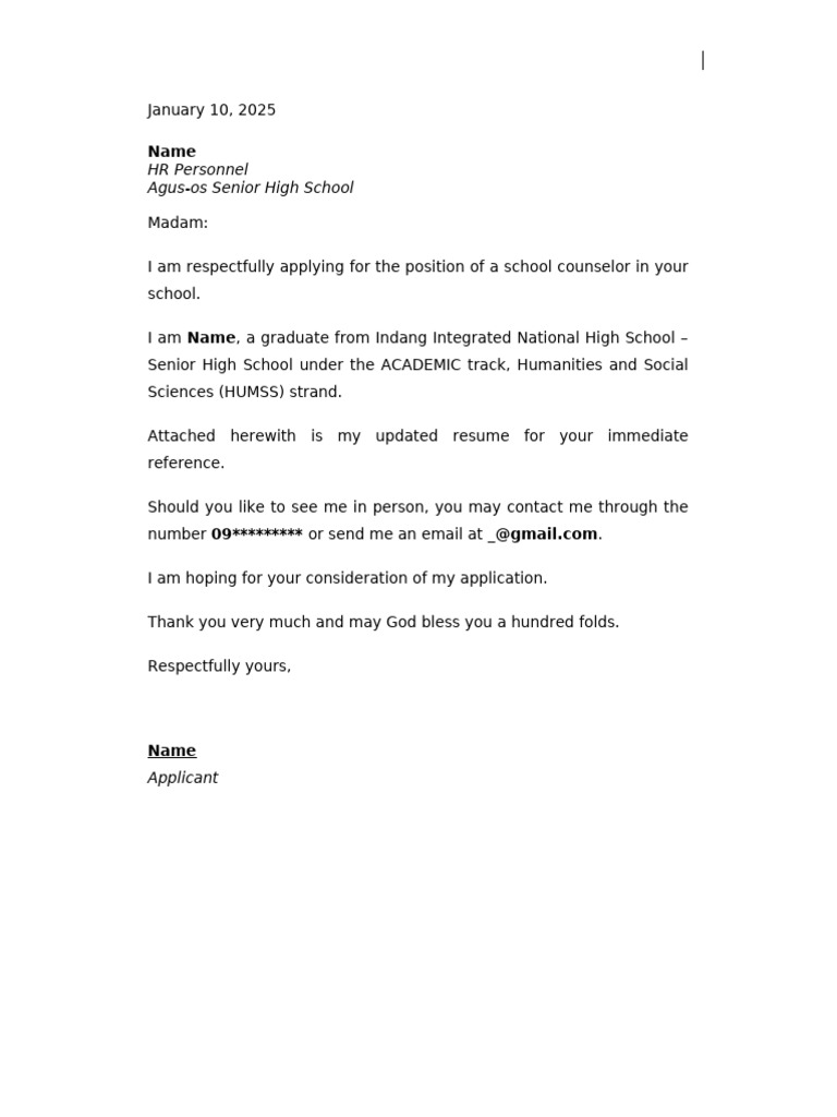Work Immersion Application Letter Template | PDF