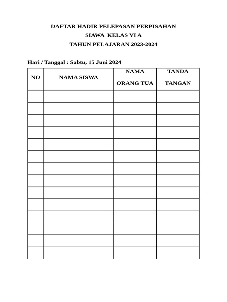 Daftar Hadir Pelepasan Perpisahan Kelas Vi A Dan B 2024 Fix | PDF
