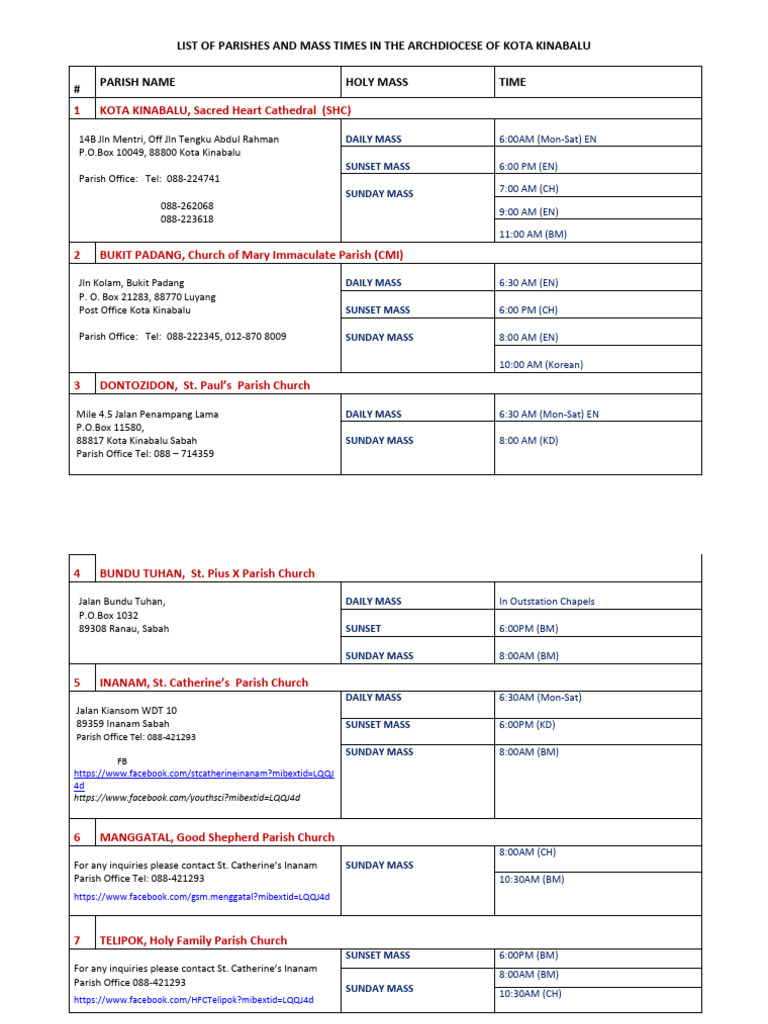 Mass Times in Kota Kinabalu Parishes | PDF | Catholic Church ...