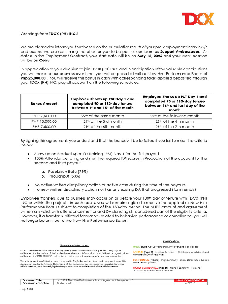 TDCX (PH) New Hire Performance Bonus Agreement Template v6.0 Project ...