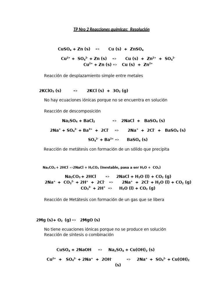 TP Nro 2 Reacciones Químicas - Resolución | PDF