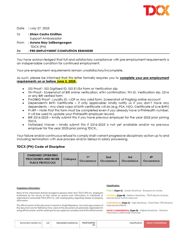 TDCX (PH) Pre-Employment Completion Reminder - Dhien Castro Kinilitan | PDF