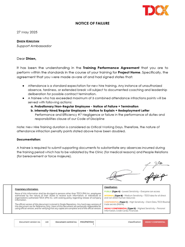 TDCX (PH) Notice of Failure - Kinilitan, Dhien | PDF