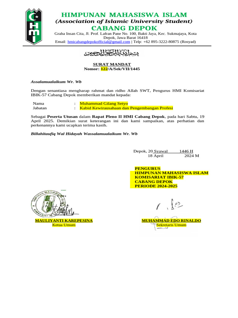 Surat Mandat Kabid KPP | PDF