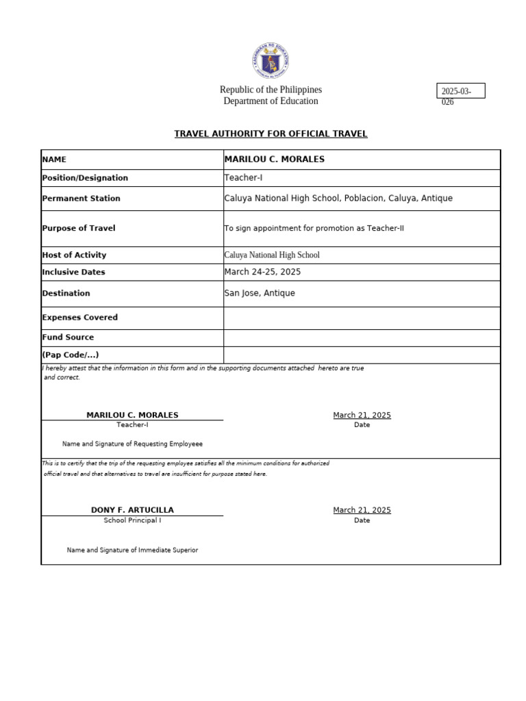 Travel Authority for Teacher Promotion | PDF