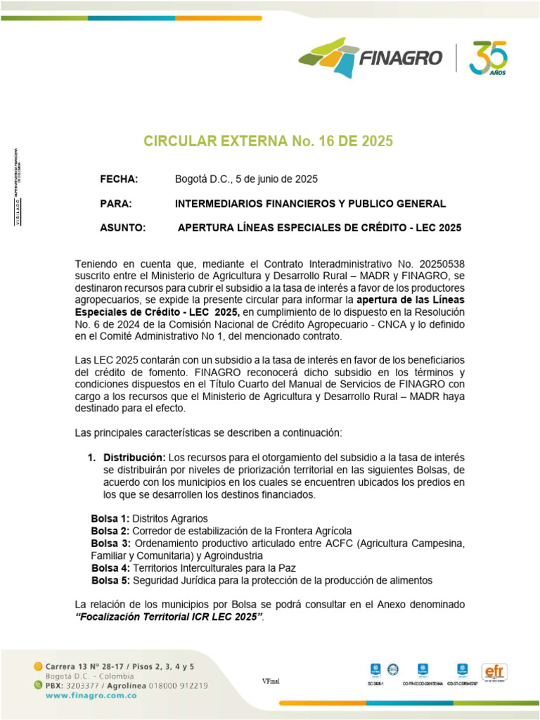 Circular Externa 16 de 2025 | PDF | Agricultura | Bolsa