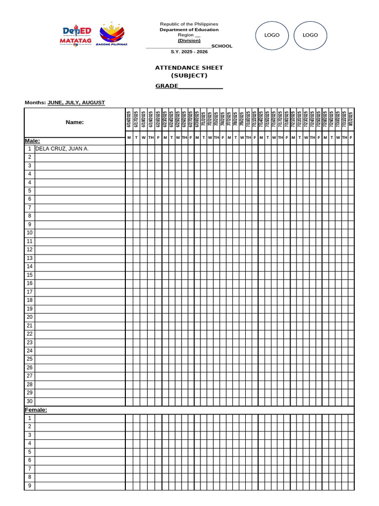 Attendance Sheet (Subject Teacher) | PDF