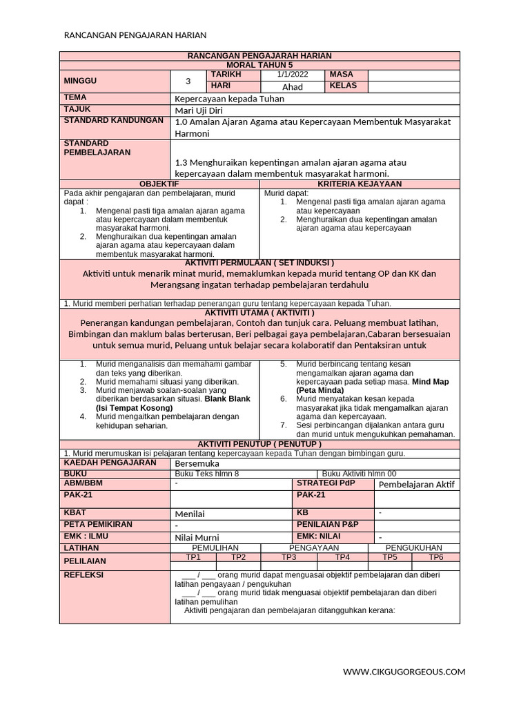 Rph Minggu 3 Moral Thn 5 by Cikgu Gorgeous | PDF
