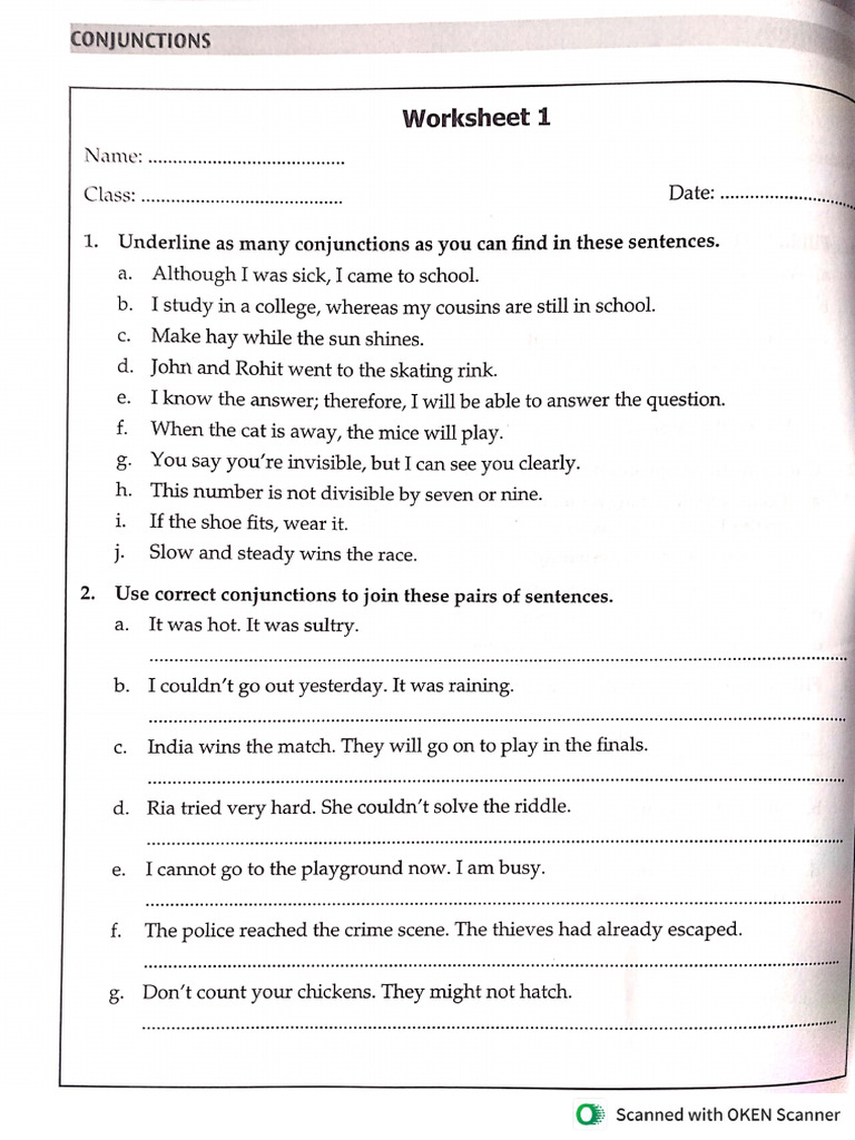 Conjunctions (Worksheet) Class6 | PDF