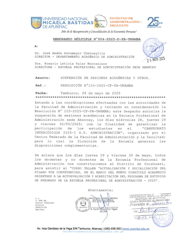 Memo Mult. Nº004 2025 D Fa Unamba | PDF