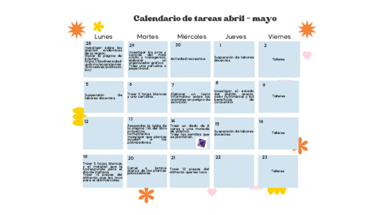 Calendario de Tareas Abril-Mayo 2023 | PDF