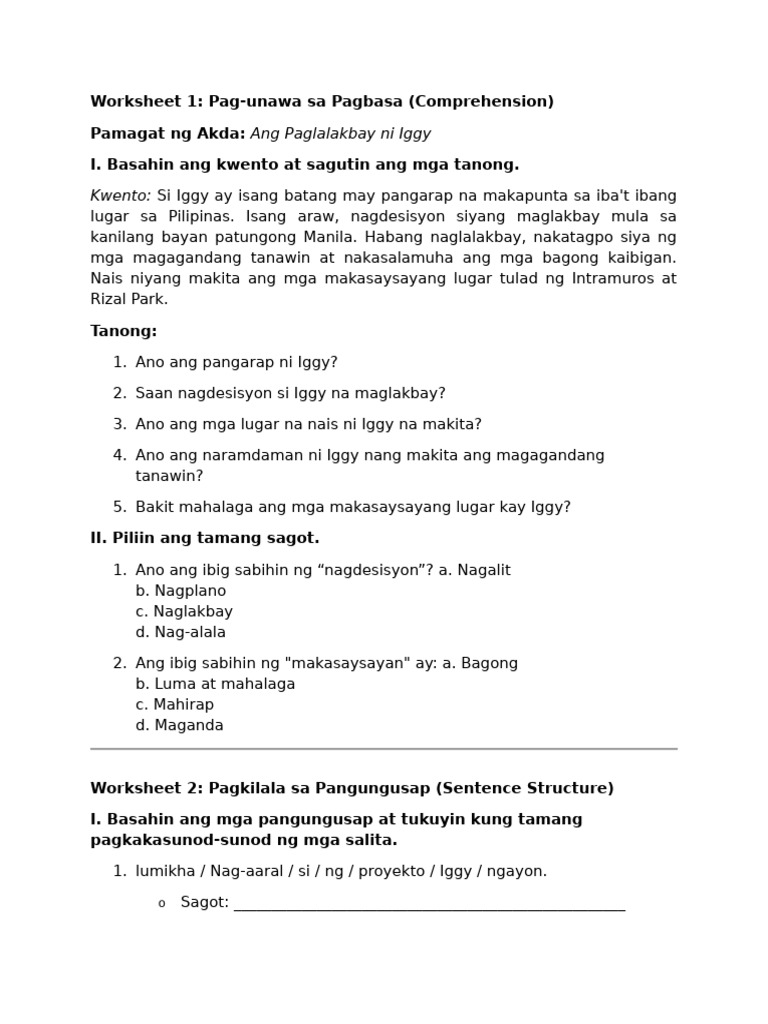 Filipino Reading Worksheets | PDF