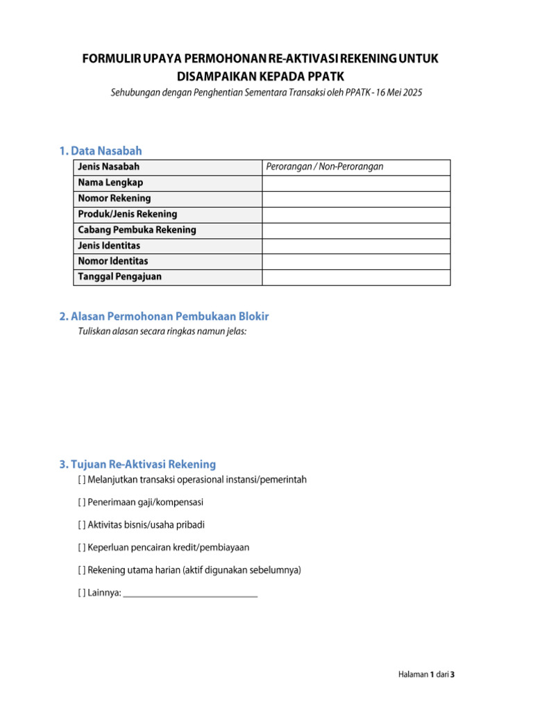 Form Upaya Permohonan Re-Aktivasi Rekening v1.0-20250519 | PDF