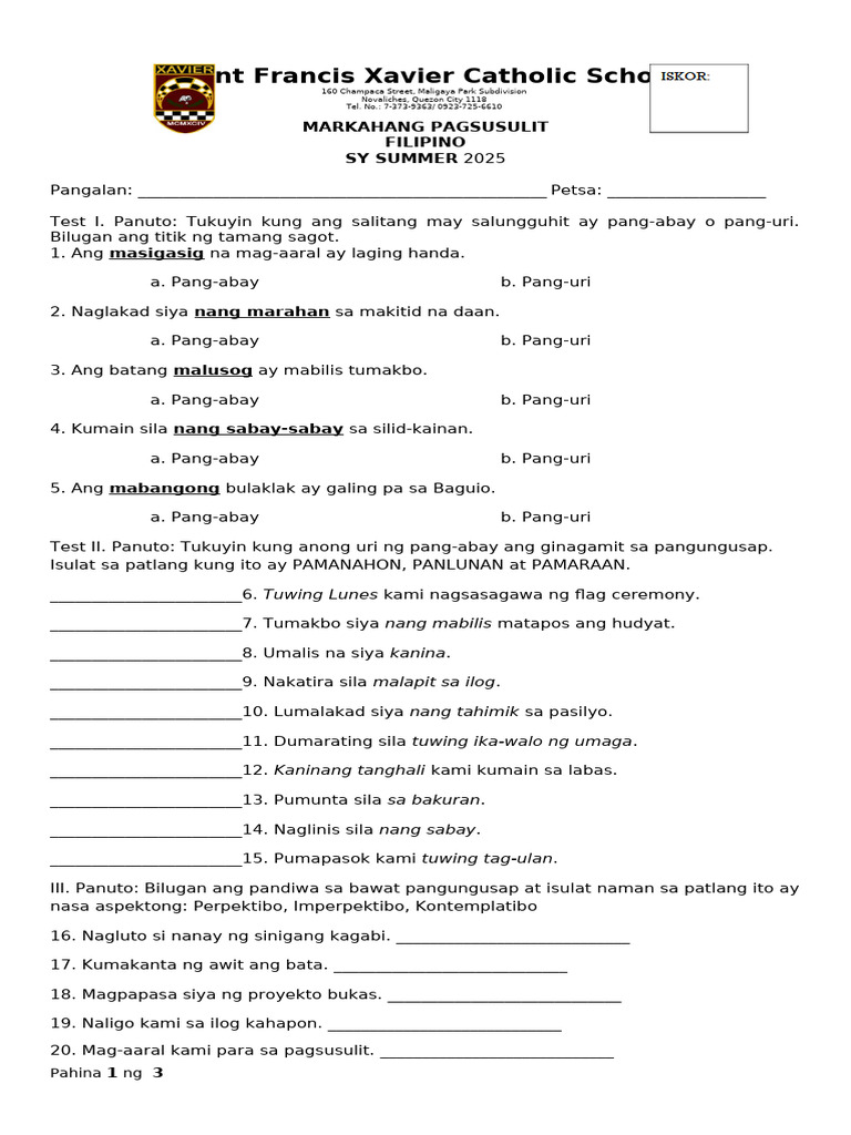 Summer Filipino Long Test | PDF