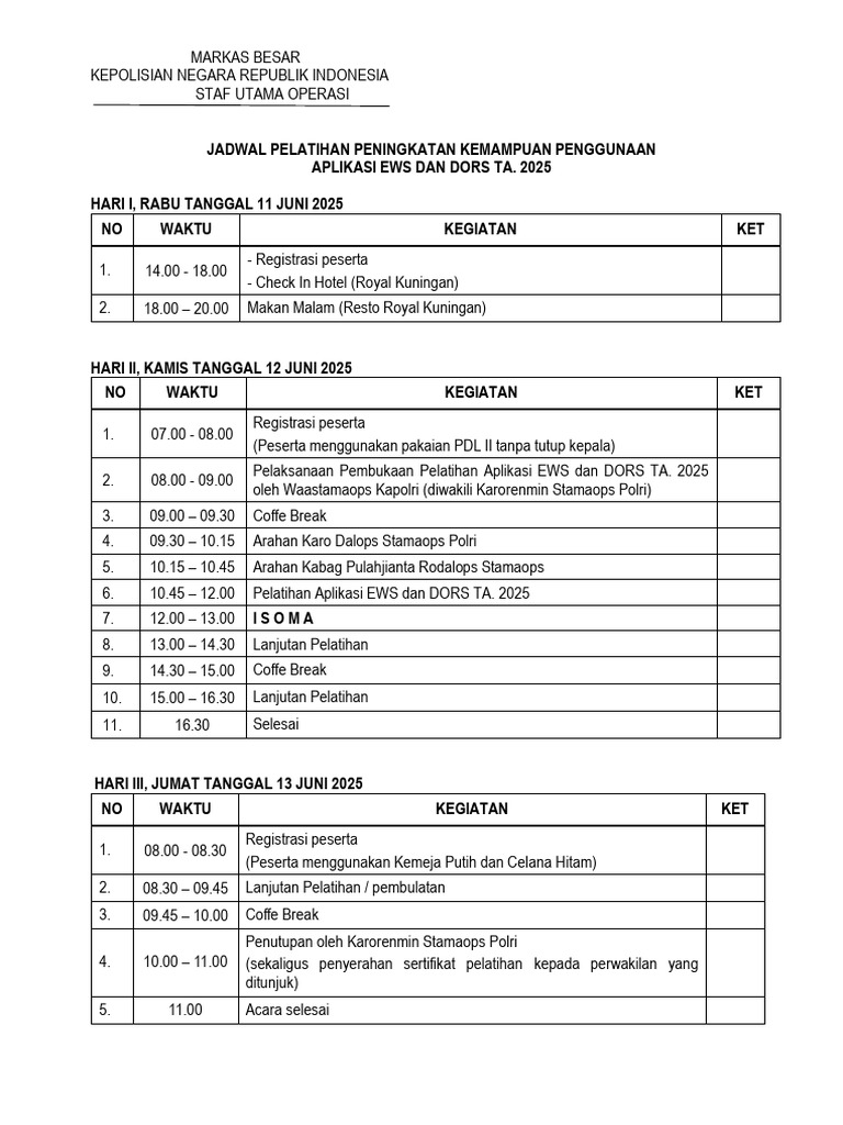 Jadwal Pelatihan Ews Dan Dors 2025 Dan Tata Tertib | PDF