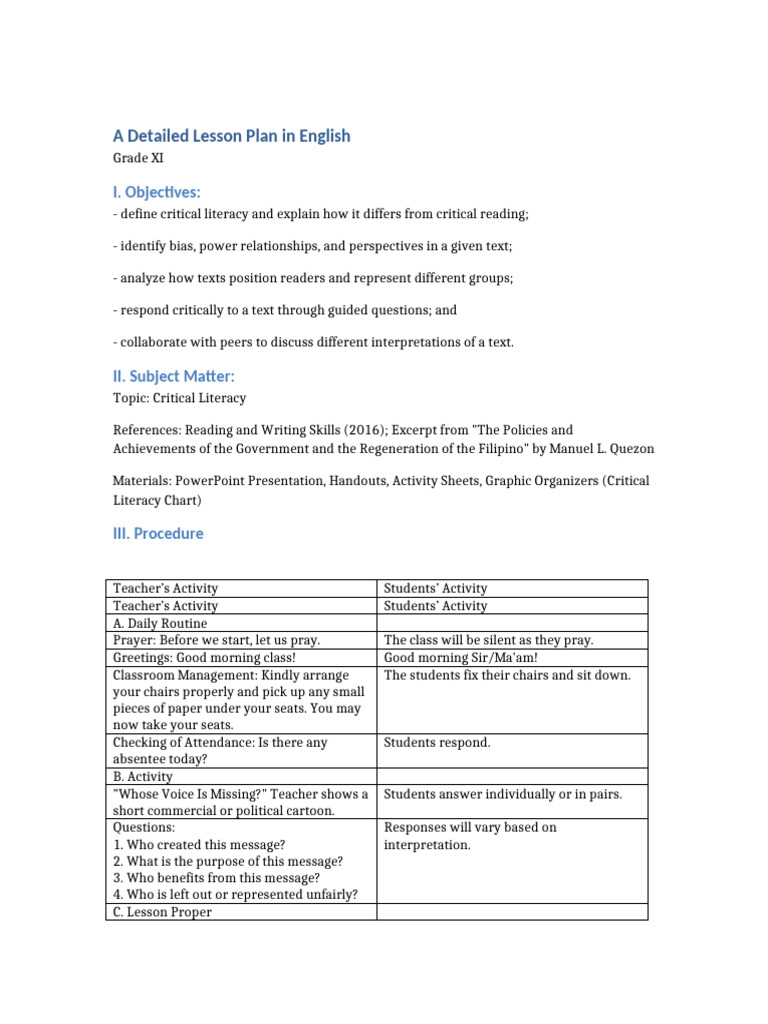 Critical Literacy Lesson Plan With Table | PDF | Lesson Plan | Literacy