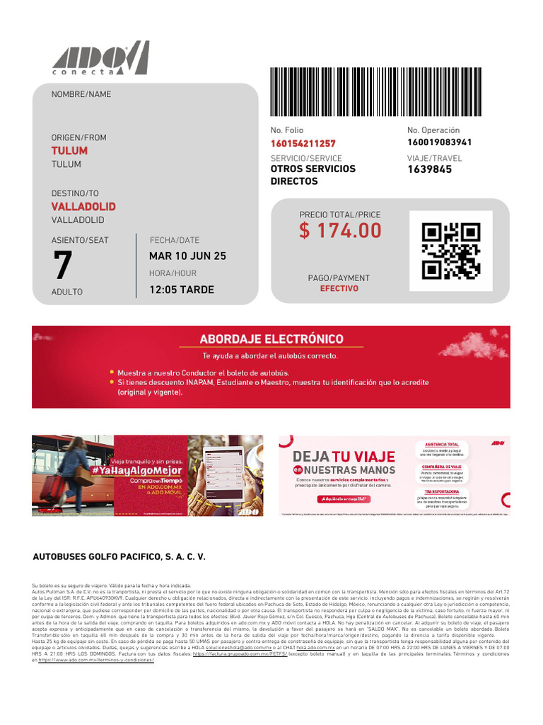 Boleto ADO: Tulum a Valladolid | PDF