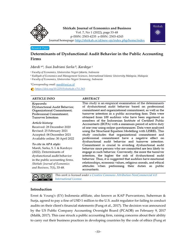 Determinants of Dysfunctional Audit Behavior | PDF | Audit | Business