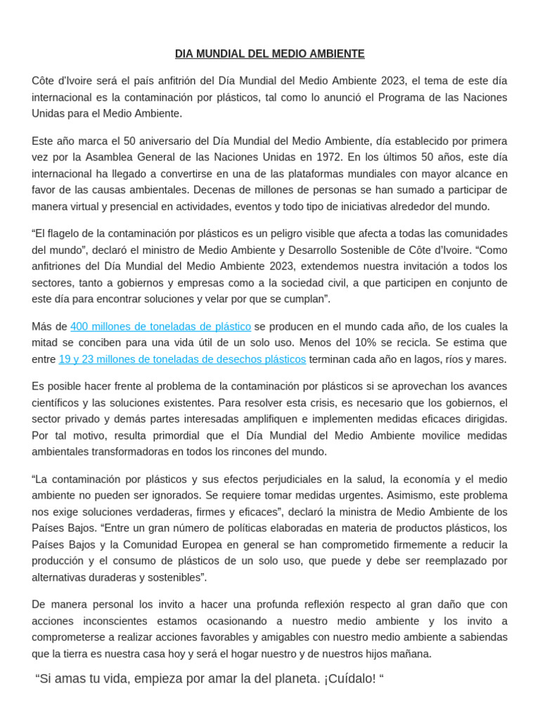 Día Mundial del Medio Ambiente 2023 | PDF | Entorno natural | Contaminación