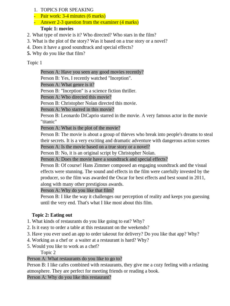 Topics For Speaking - Revised 1 | PDF | Vietnamese Cuisine | Foods