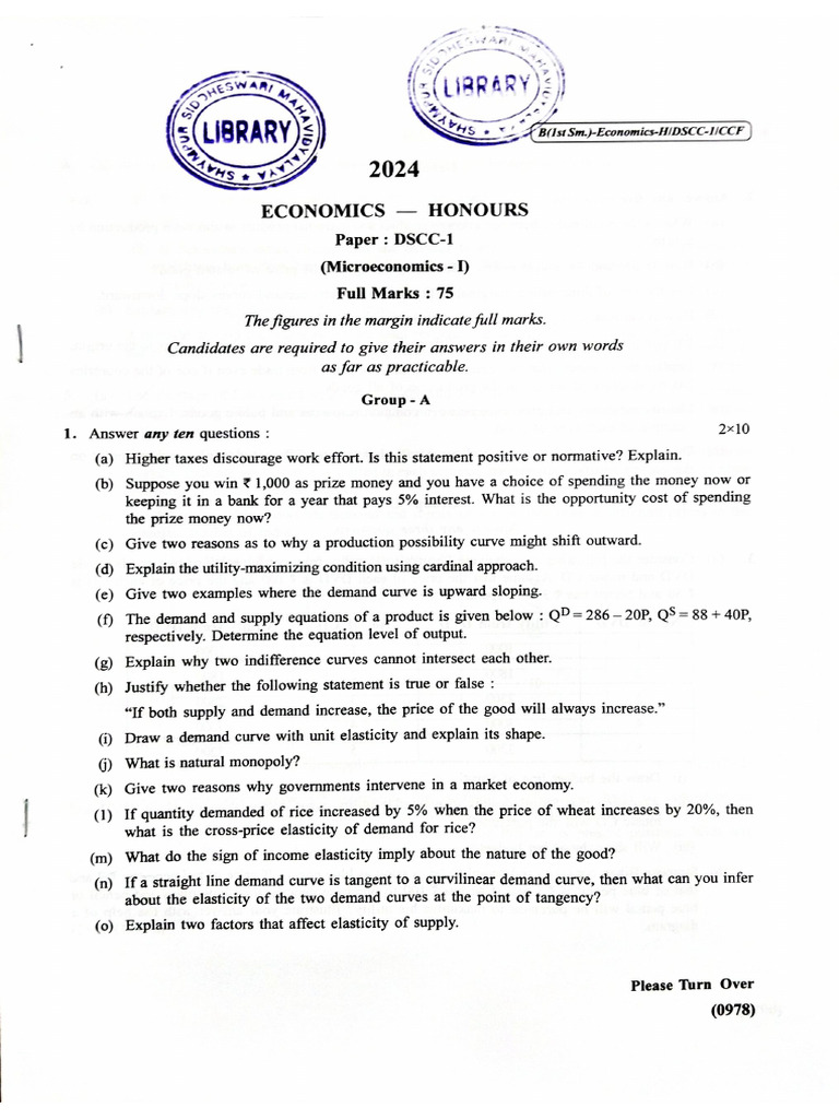 Economic Question Paper Calcutta University 2024 Sem 1 | PDF