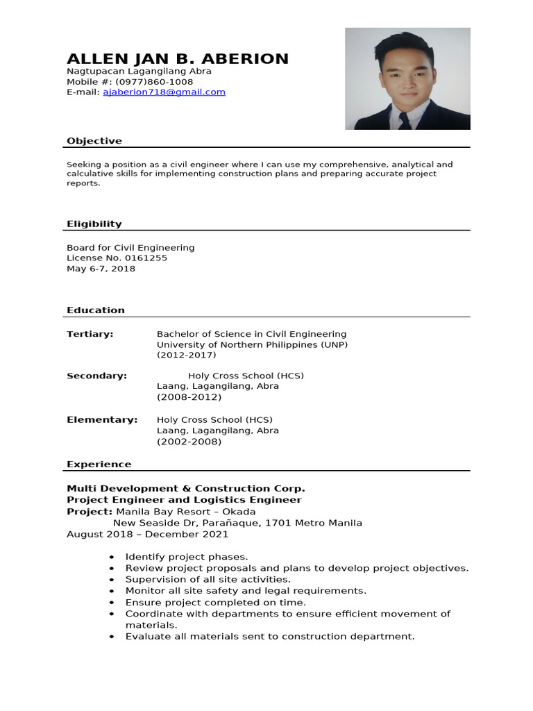 Engr. Allen Jan Aberion-CV | PDF | Philippines