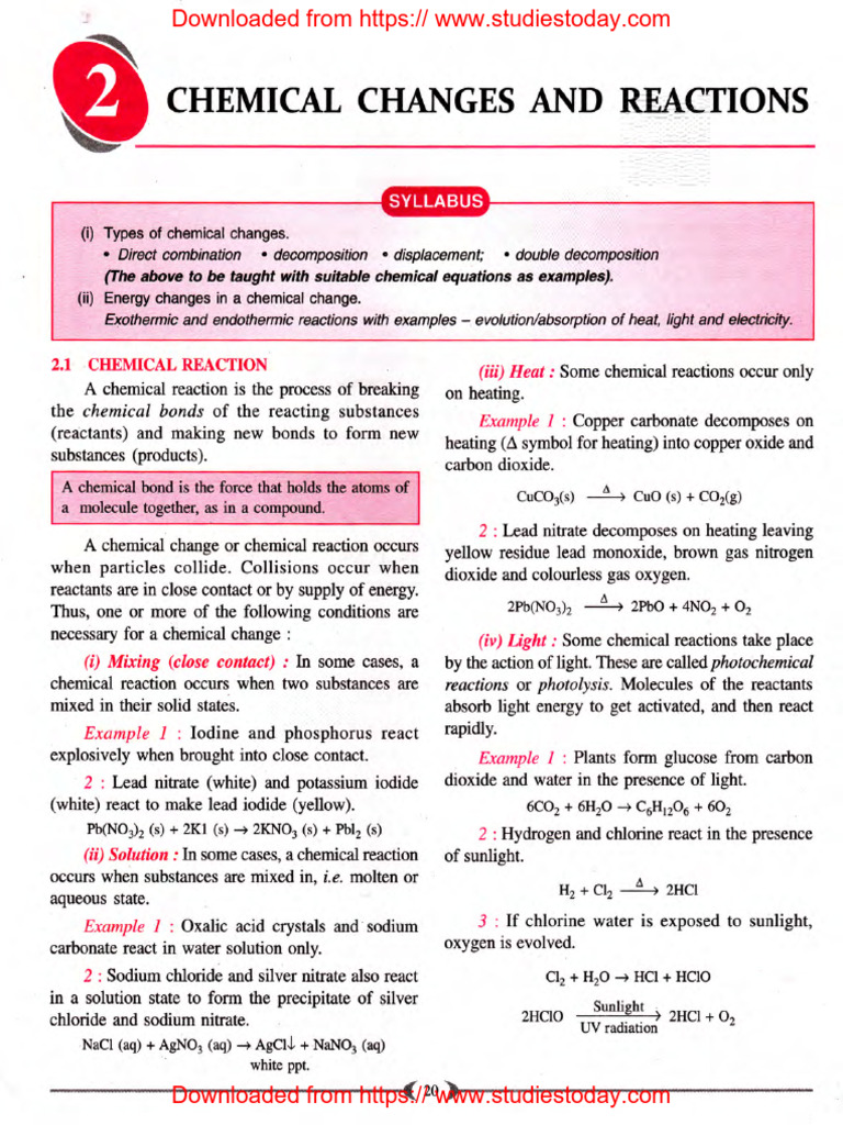 ICSE Class 9 Chemistry Chapter 02 Chemical Changes and Reactions | PDF