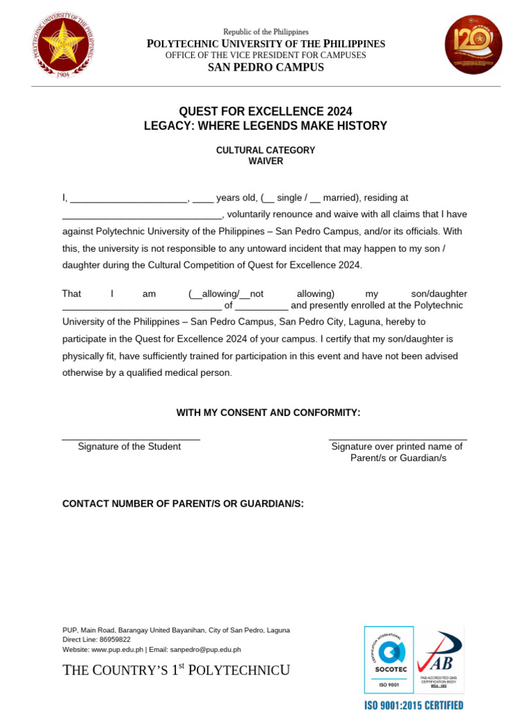 Cultural Competition Waiver Form 2024 | PDF