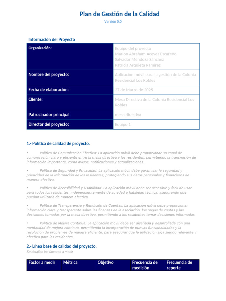 Plan de Calidad para App Los Robles | PDF | Aplicación movil | Gestión ...