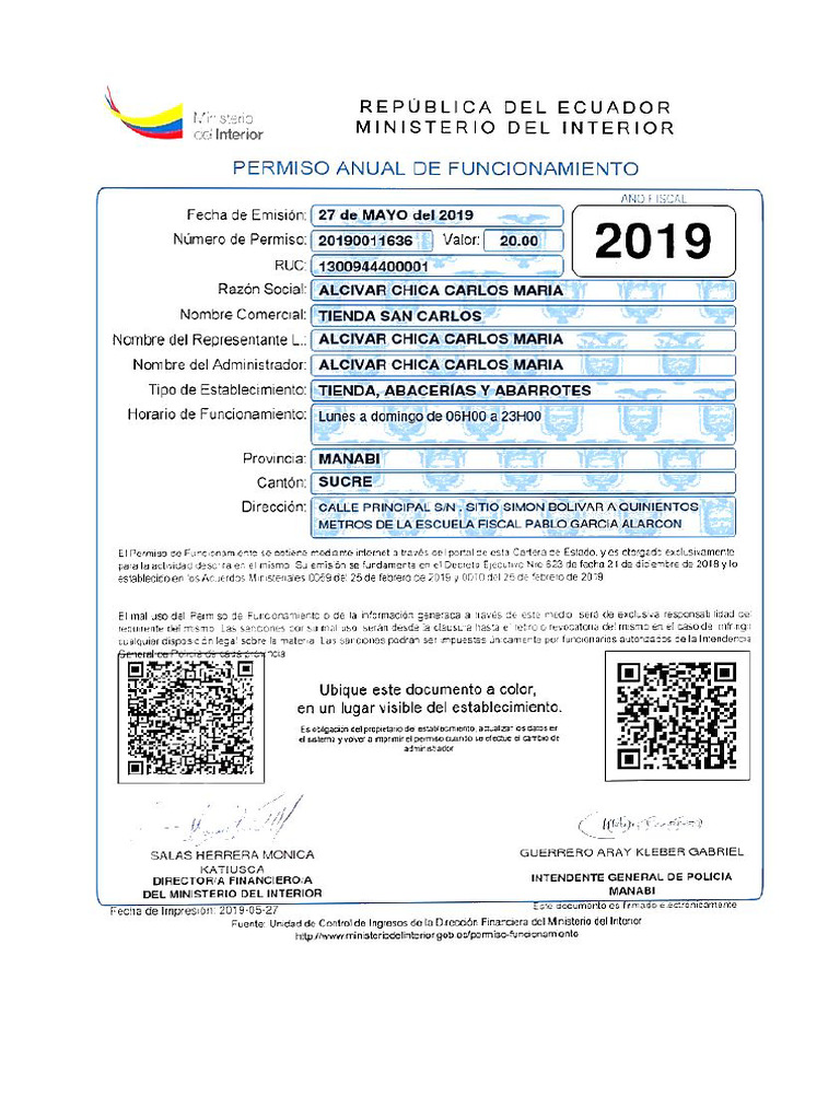 Permiso de Funcionamiento Del Ministerio Del Interior 1 | PDF