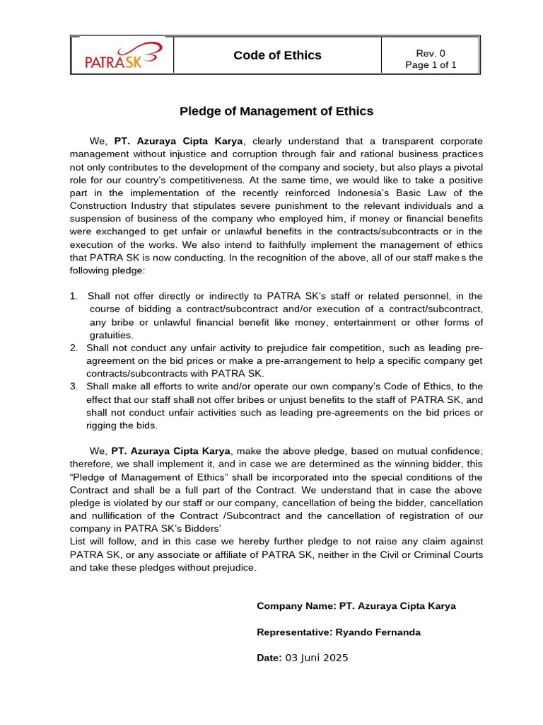 #1-1 Pledge of Management of Ethics | PDF | Bribery | Common Law