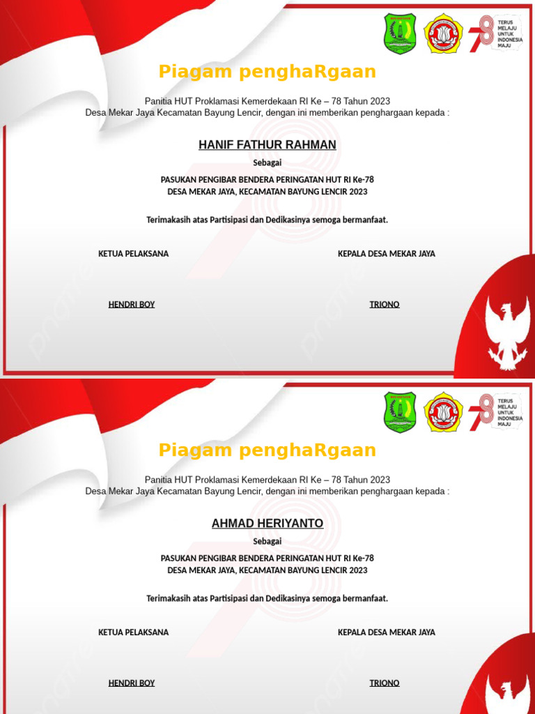 Piagam Penghargaan HUT RI Ke-78 | PDF