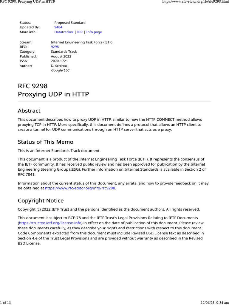 RFC 9298 - Proxying Udp in HTTP | PDF | Proxy Server | Network Congestion