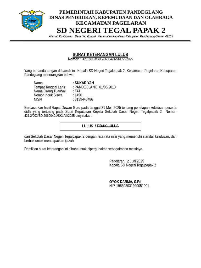 Surat Keterangan Lulus SD 2024 1 | PDF