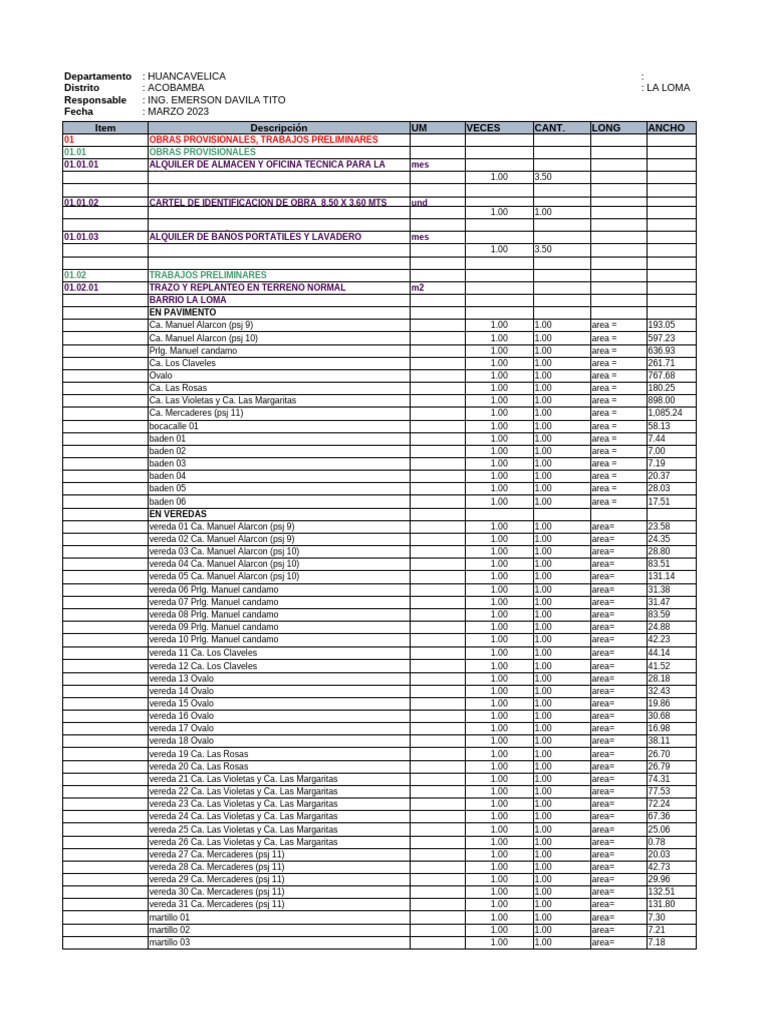 Planilla de Metrados Por Items | PDF