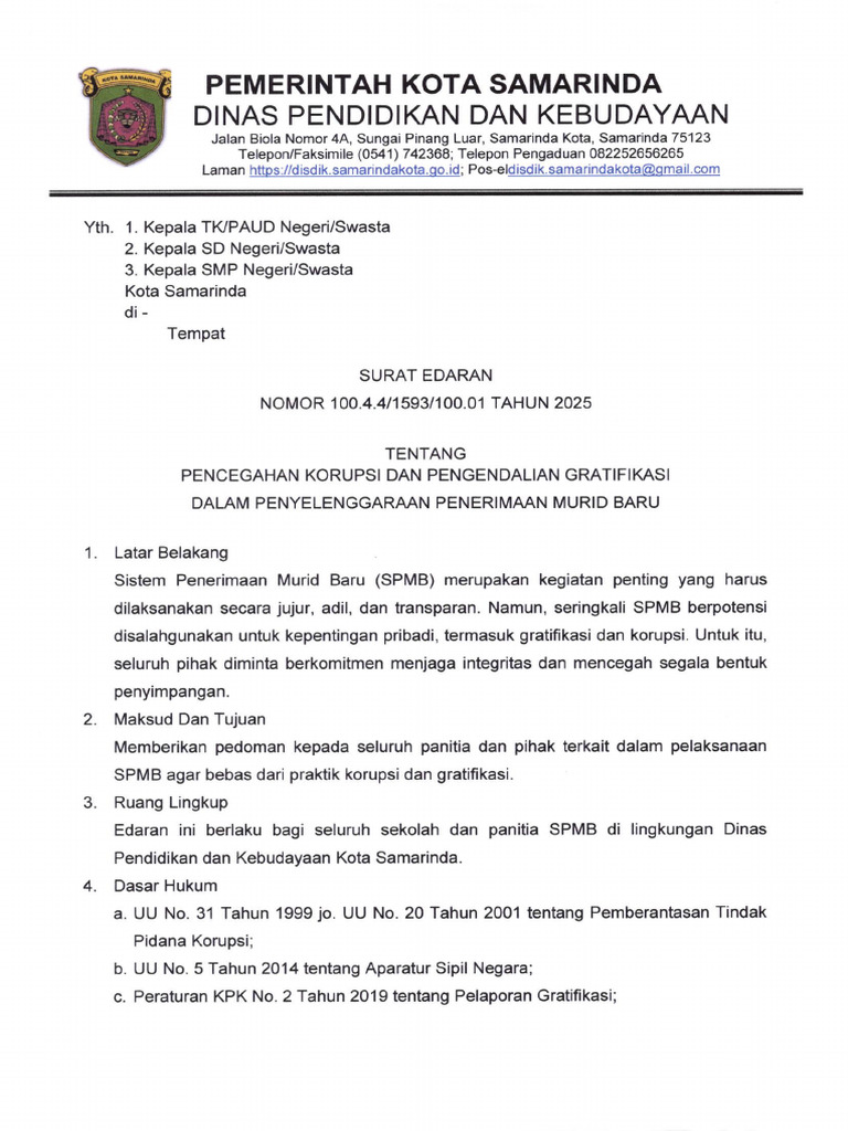Surat Edaran Tentang Pencegahan & Pengendalian Gratifikasi Dalam Pelaks. SPMB Th. 2025 | PDF