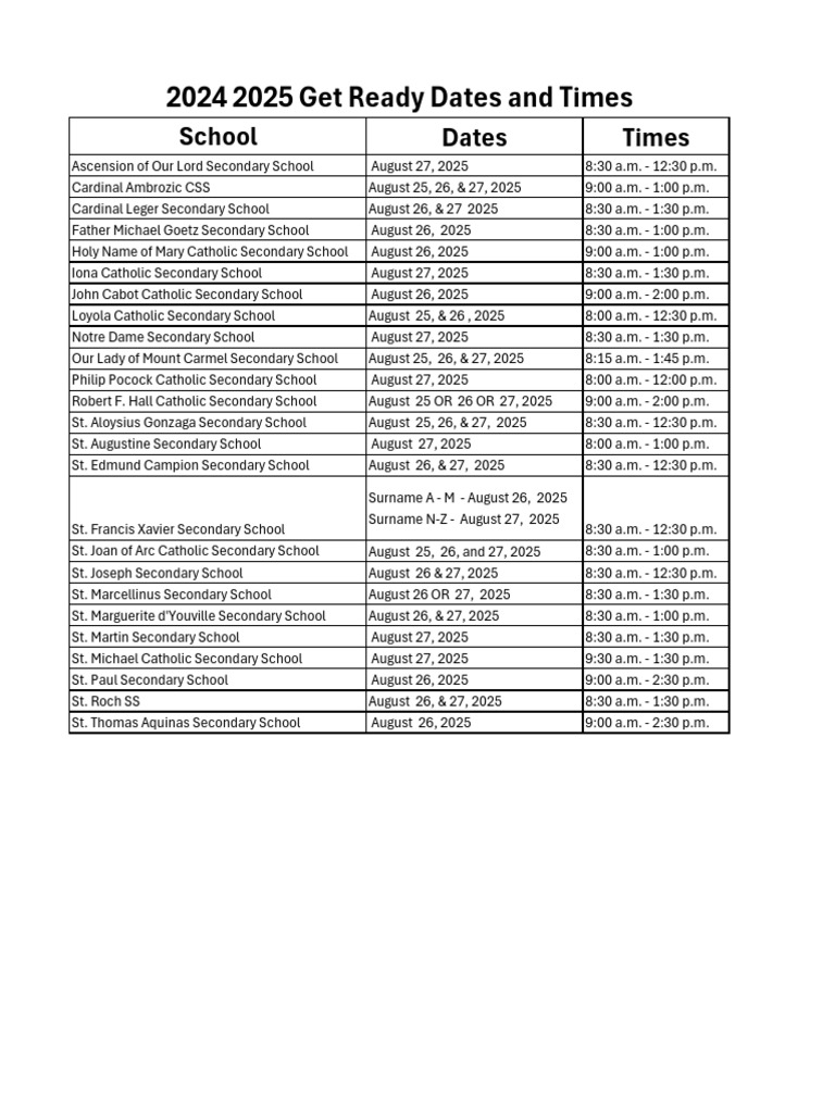 2024-25 Get Ready Program Schedule | PDF