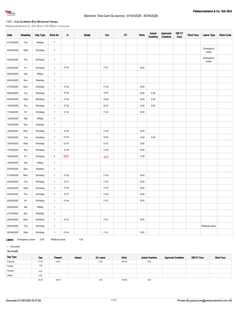 Electronic Time Card (6-Columns) 20250501 | PDF | Working Conditions ...