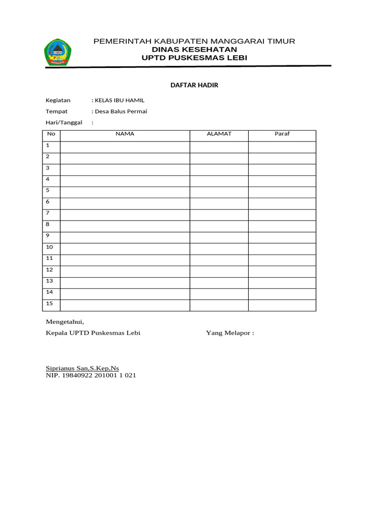 Daftar Hadir Kelas Bumil | PDF
