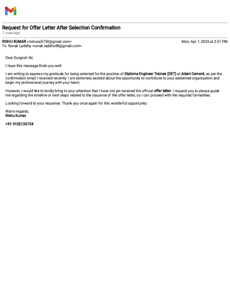 Gmail - Request For Offer Letter After Selection Confirmation | PDF